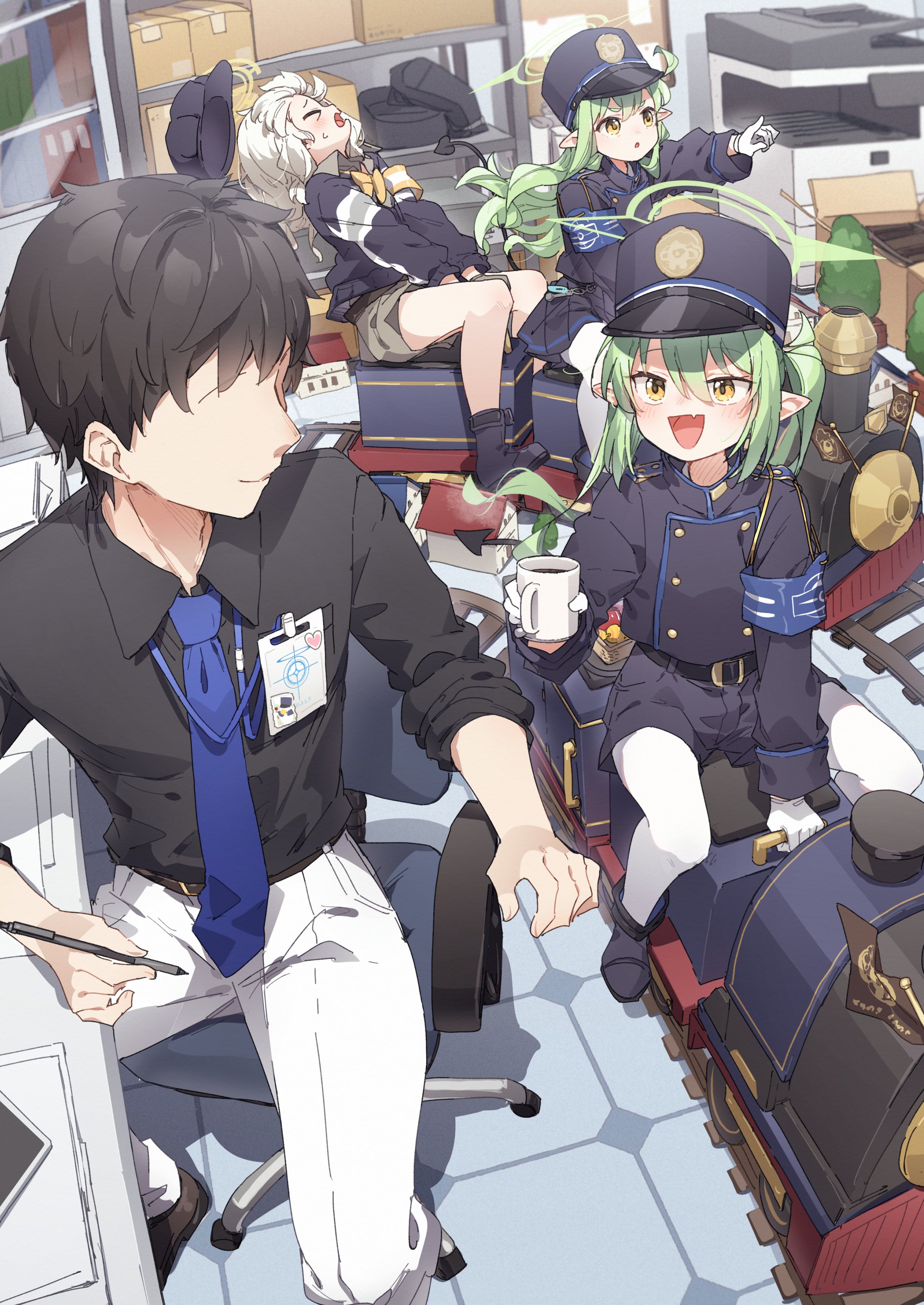 kusaka shi blue archive tachibana hikari tachibana nozomi utsumi aoba halo pantyhose pointy ears ...